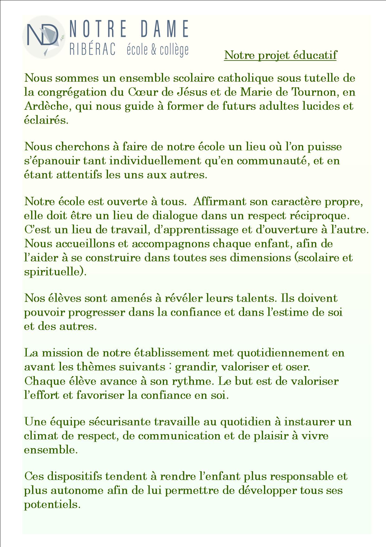 Notre projet éducatif - École-Collège Notre Dame de Ribérac